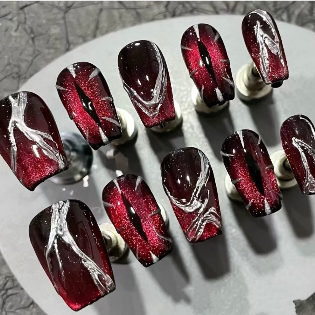 Red Cat's Eye Wearing Nails Hand-Painted Dragon's Eyes Manicure Patch ...