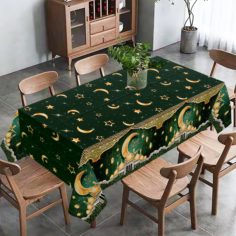 220*130CM Ramadan Mubarak Table Cloth 6 Seaters Green Gold Castle Moon ...