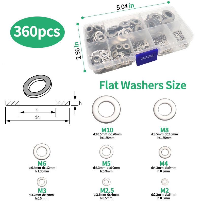 304 Stainless Steel Flat Washers Assortment Kit 8 Sizes-M2/M2.5/M3/M4/M5/M6/M8/M10 | Shopee Malaysia