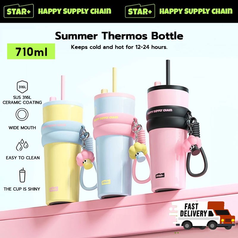 STAR+ Straw Thermos Cup 710ML Tumbler Bottle With 316 Ceramic Coating Liner Cold Insulated ...