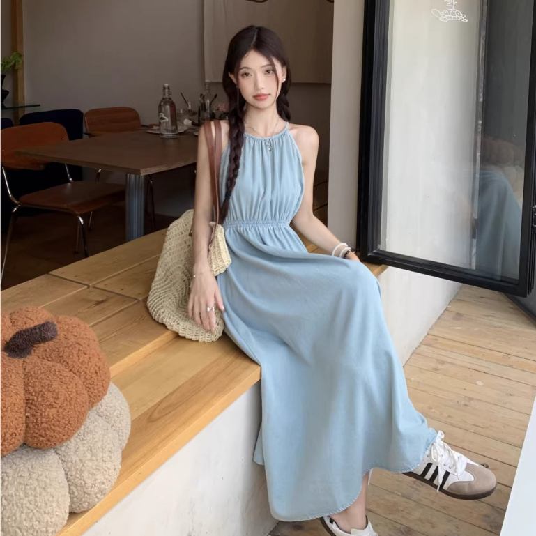 French Sweet Sleeveless Hanging Neck Strap Blue Dress Summer 2025 New ...