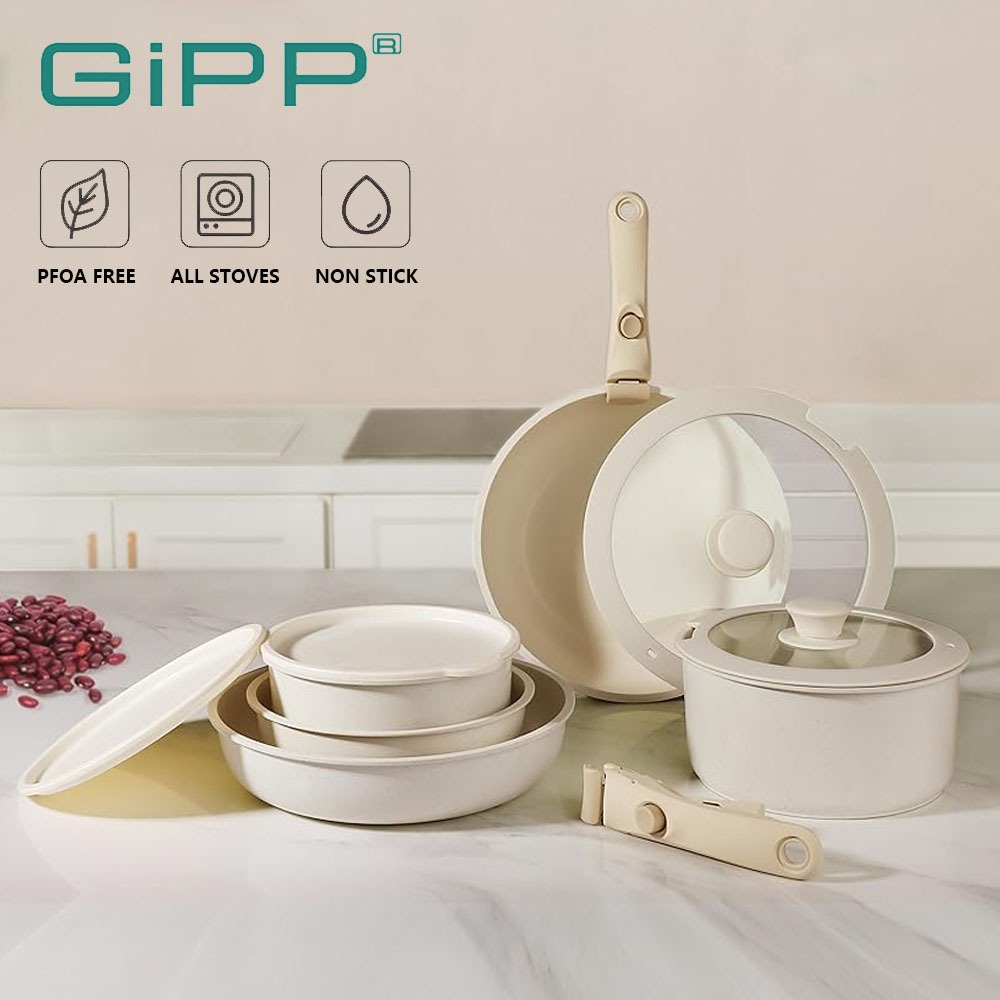 GiPP 3/5/11 Piece Non-Stick Cookware Set, Removable Handles, Induction ...