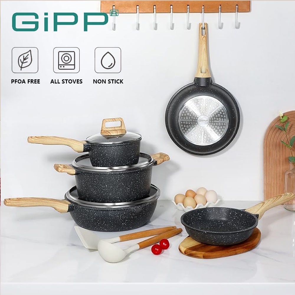 GiPP Nonstick Pots and Pans Set - 10 Piece Granite Kitchen Cookware Set Nonstick Induction ...