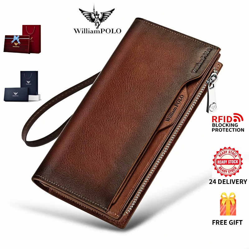 WilliamPOLO Men's Genuine Leather Long Wallet Retro Vintage Style RFID ...
