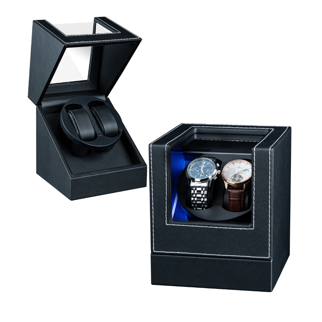 2-Slot Automatic Watch Winder PU Leather Dual Watch Winder with Blue ...