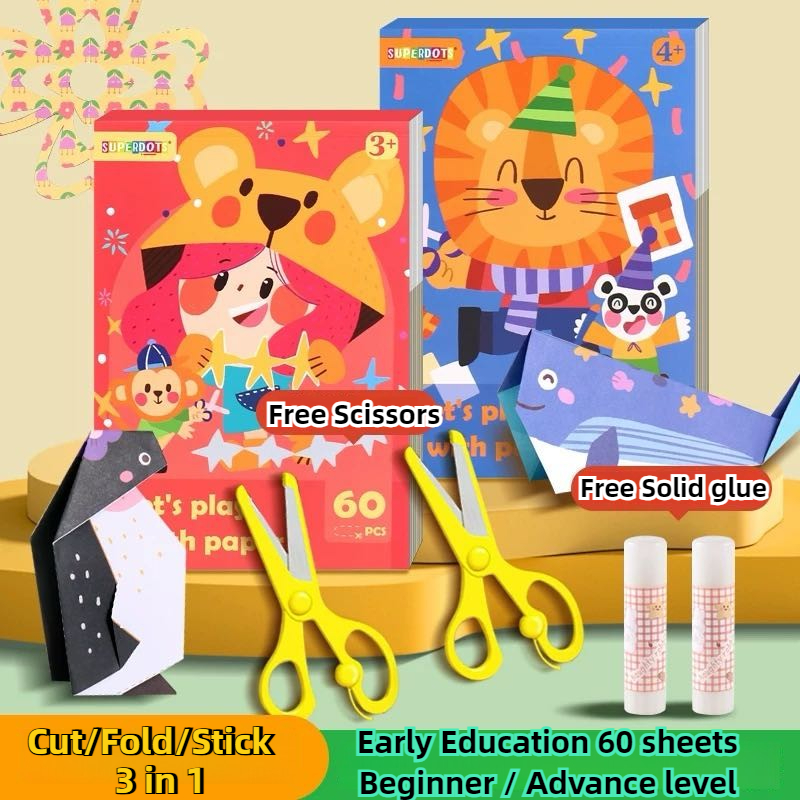 Kids Paper Cutting/Folding/Sticking 3 in 1 Cartoon Paper Cut Craft ...
