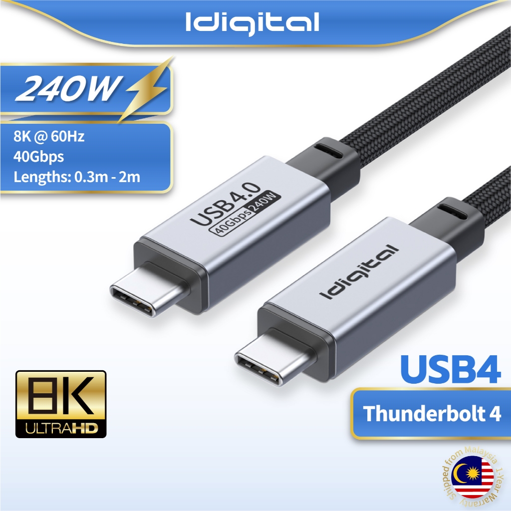Idigital USB4 Type C Fast Charging Cable, USB C Thunderbolt 4 Data Cable, PD240W, 40Gbps, 8K ...