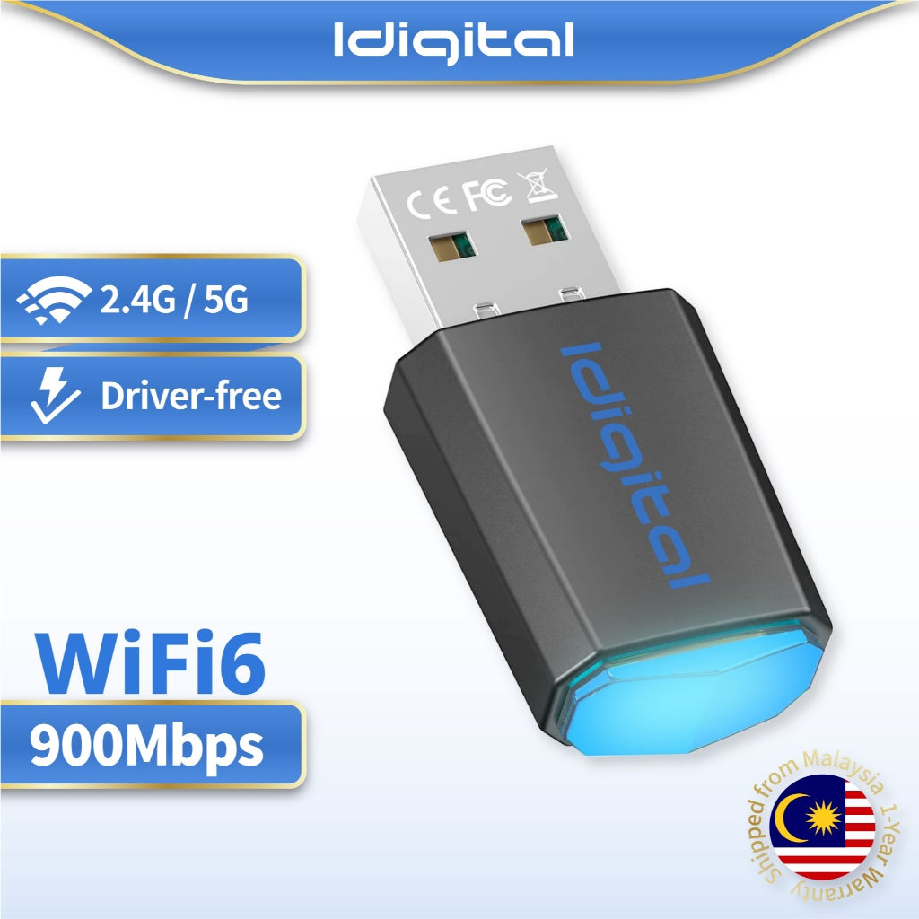 Idigital WiFi6 USB Wireless Adapter 900Mbps, Dual Band 2.4G/5GHz WiFi Receiver, Plug and Play ...