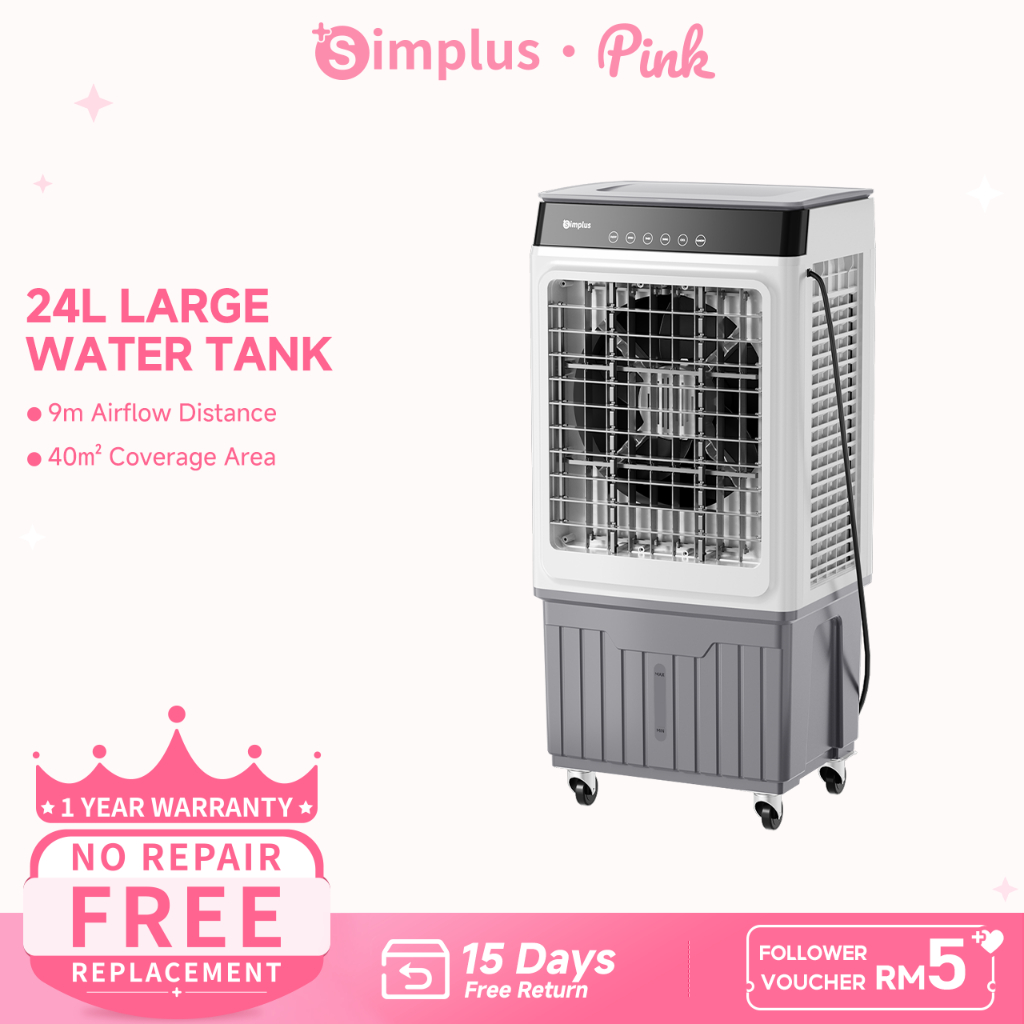 Simplus Pink Air Cooler Household Cooling Fan 24L Large Water Tank 12h Timer 3 Speed Settings ...