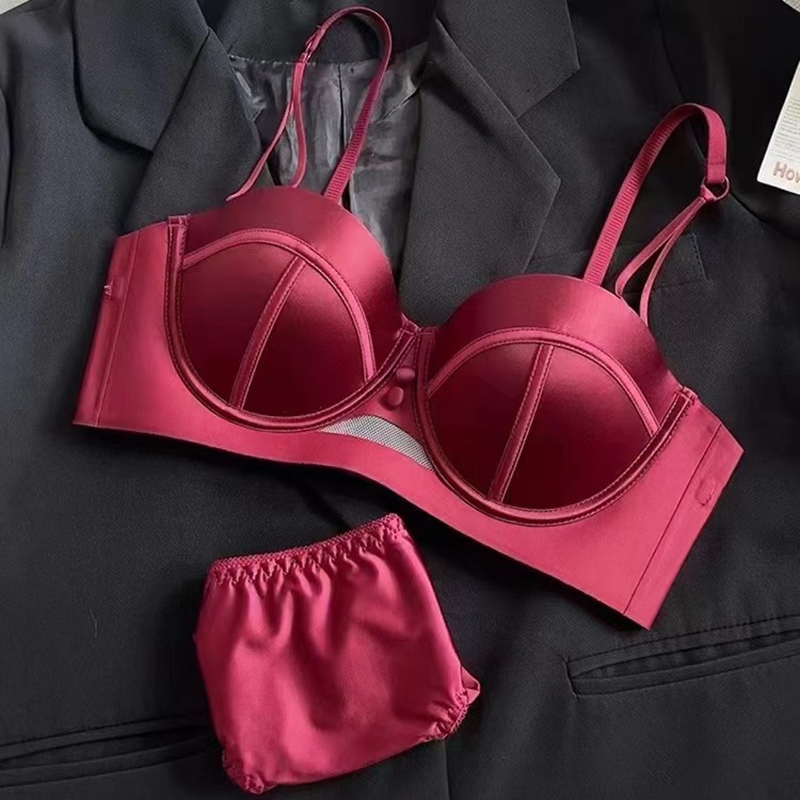 Underwear Set Push Up Bra Women's Panties Satin Seamless Small Chest ...