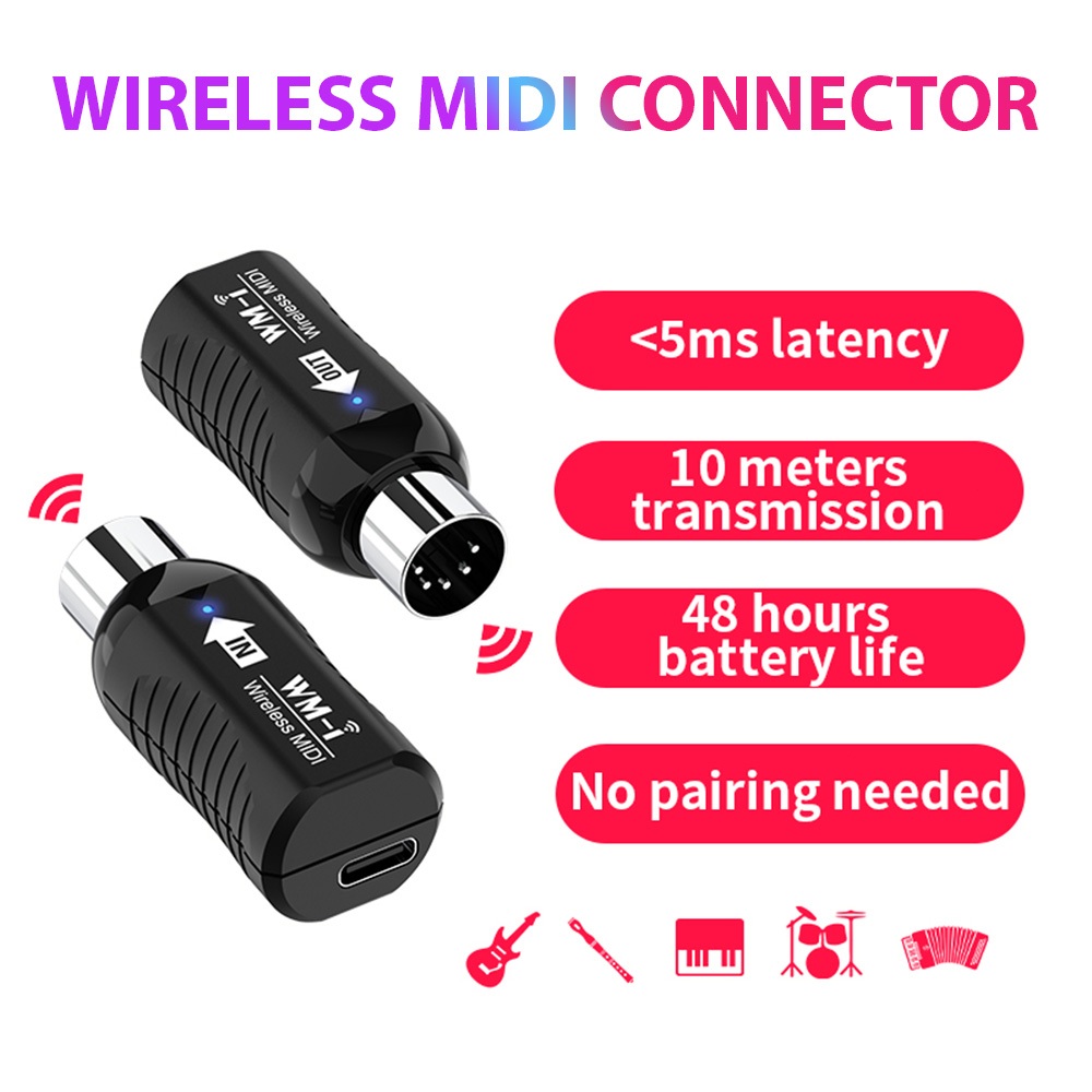 Wireless MIDI Adapter Rechargeable Audio Transmitter Receiver 2.4GHz ...