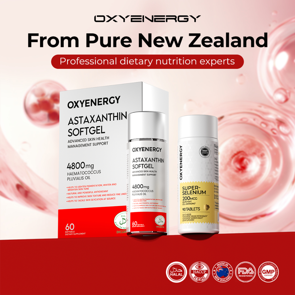 Oxyenergy Astaxanthin Softgel + Selenium Tablets 2in1 Set Bright Skin Antioxidant Enhance Women ...