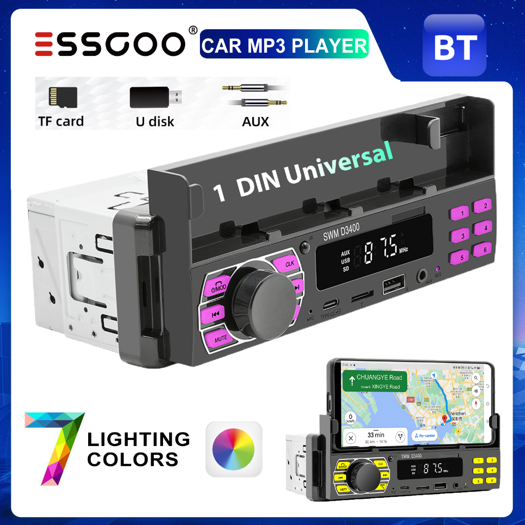 ESSGOO 1 Din Car MP3 Player With Phone Holder Wiring Protection Multimedia Music Auto Radio USB ...