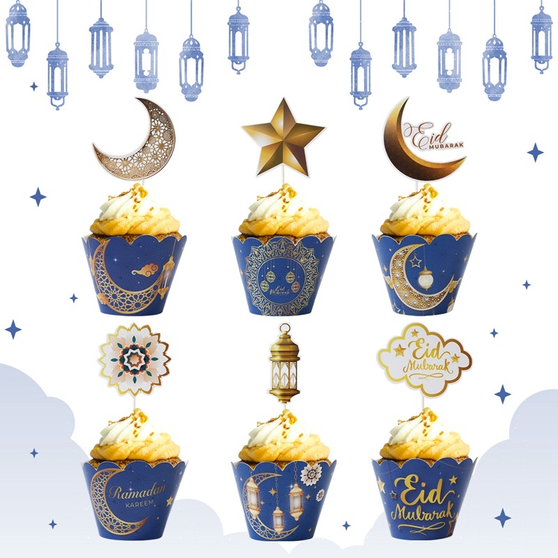 12pcs Blue Gold Moon Star Cake Topper Cake Wrapper Cake Decorations ...