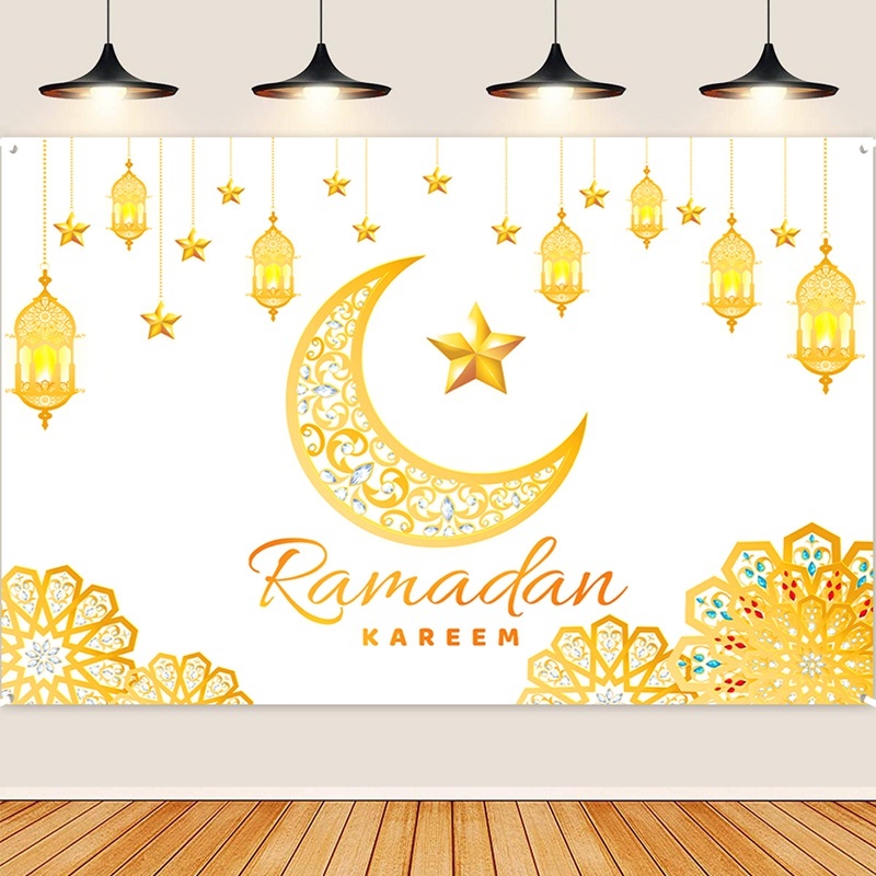 150*100Cm White Gold Ramadan Kareem Backdrop Muslim Moon Star Polyester ...