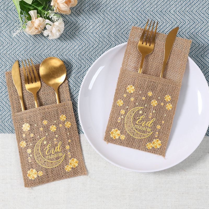 5Pcs/Set EID Mubarak Burlap Cutlery Bag Hari Raya Decorations 2025 ...