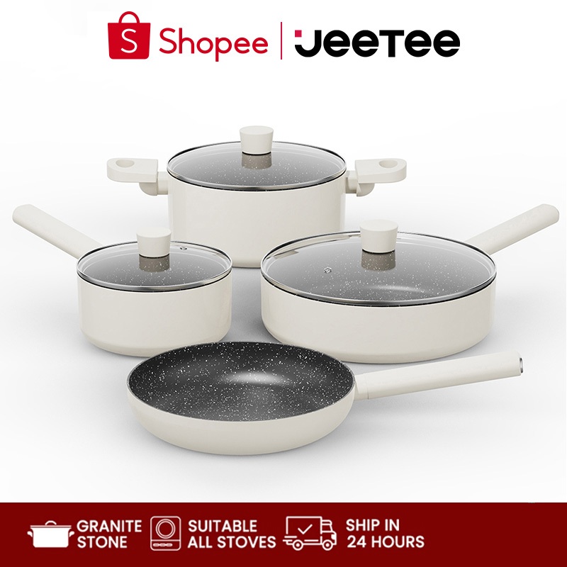JEETEE Non Stick Cookware Set Kitchen Cooking Set 7 Pcs Marble Stone ...