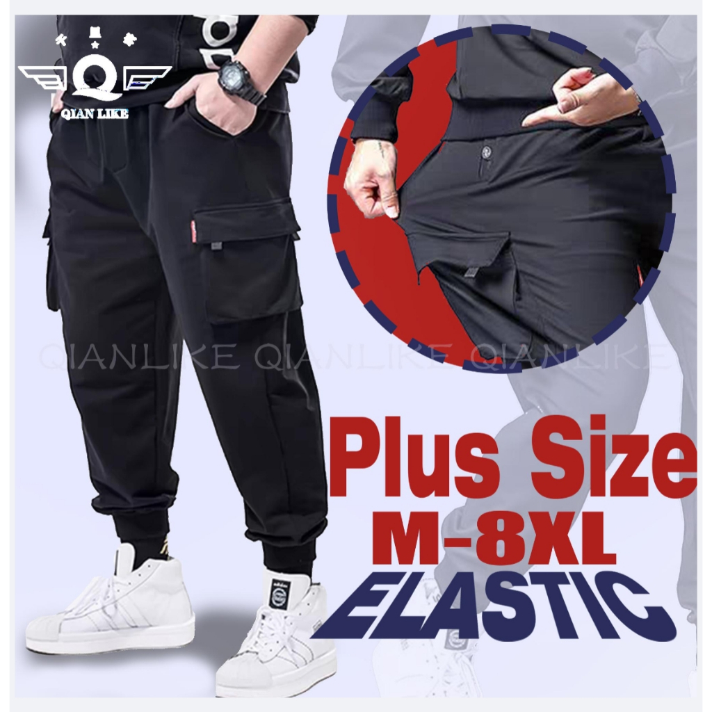 【M-8XL】Plus Size Cargo Pants For Men Loose Stretchable Multi-pocket Elasticity Jogger Pants ...