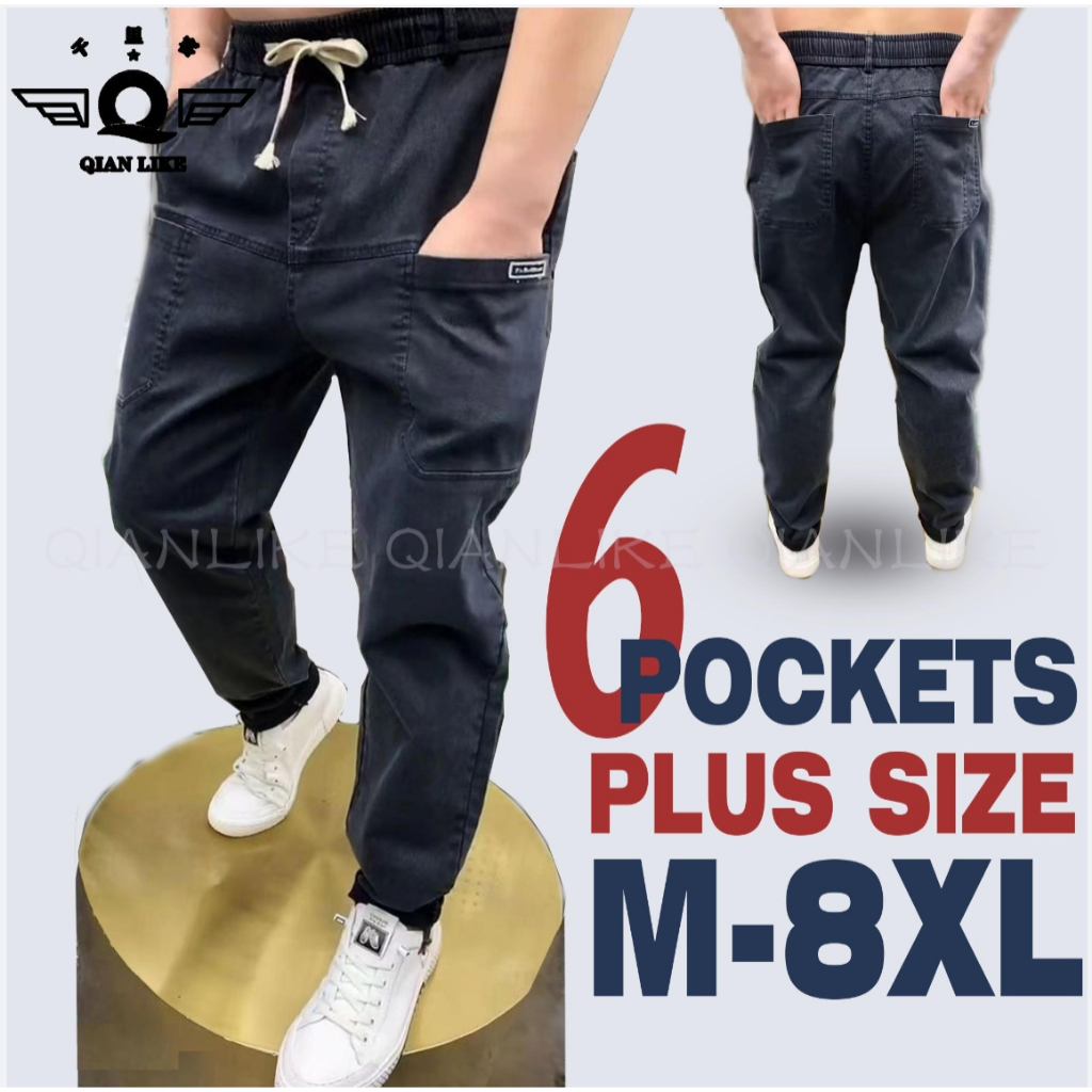 【M-8XL】Stretchable Plus Size Jeans Straight Cut Multi-Pocket Seluar Jeans Lelaki Cargo Pants Men ...
