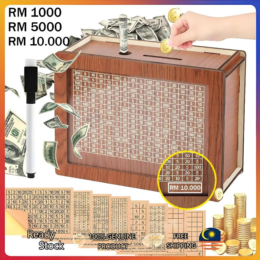 Wooden Piggy Banks Cash Boxes with Savings Goals and Figures tabung ...
