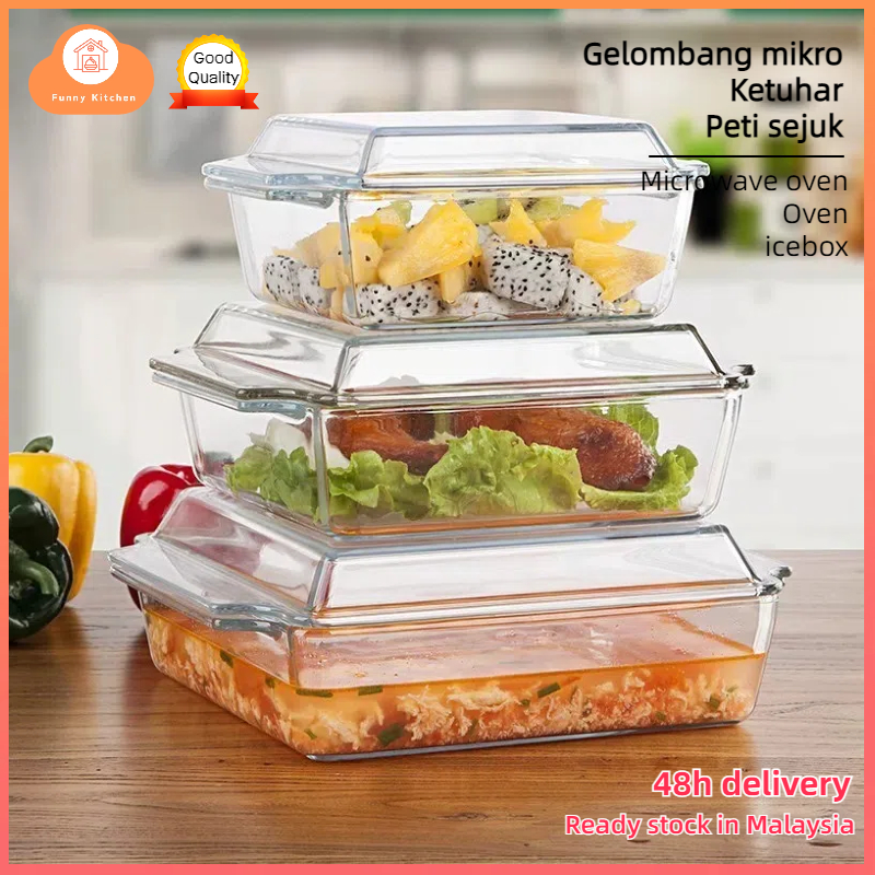 Ready stock Rectangular Tempered Glass Casserole Dish with Glass lid ...