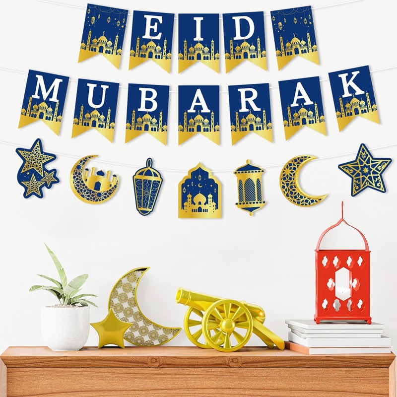 Castle Blue Eid Mubarak Banner Moon Star Paper Flag Ramadan Decoration ...