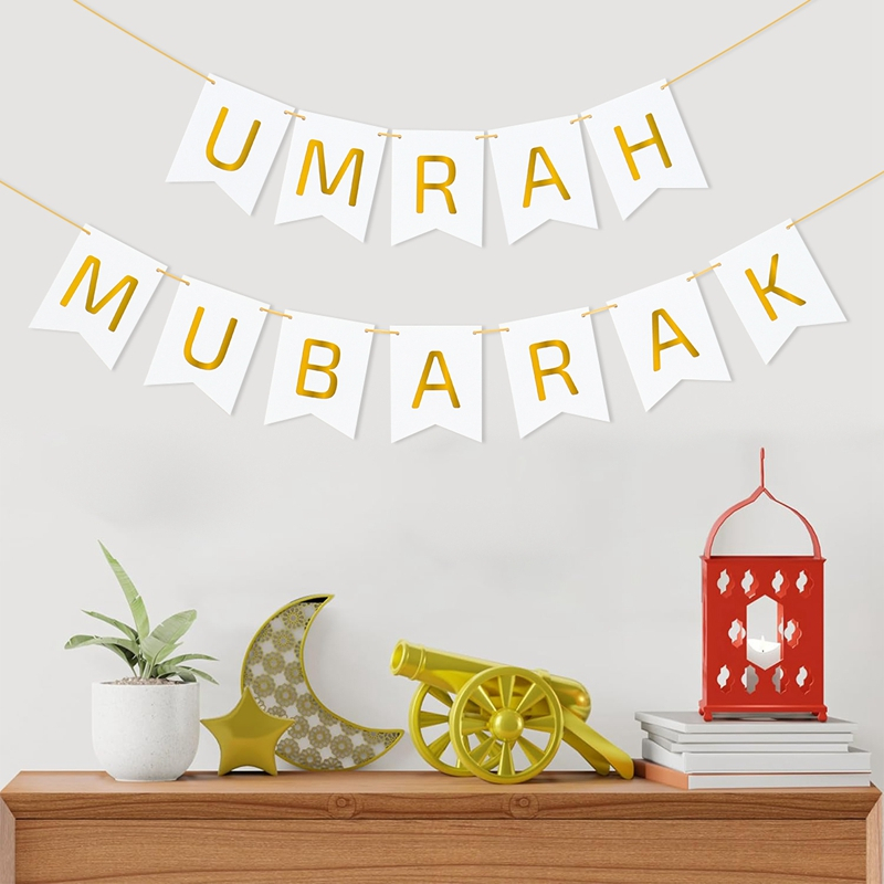 1PC White Gold UMRAH MUBARAK Flag Hari Raya Decorations 2025 EID ...