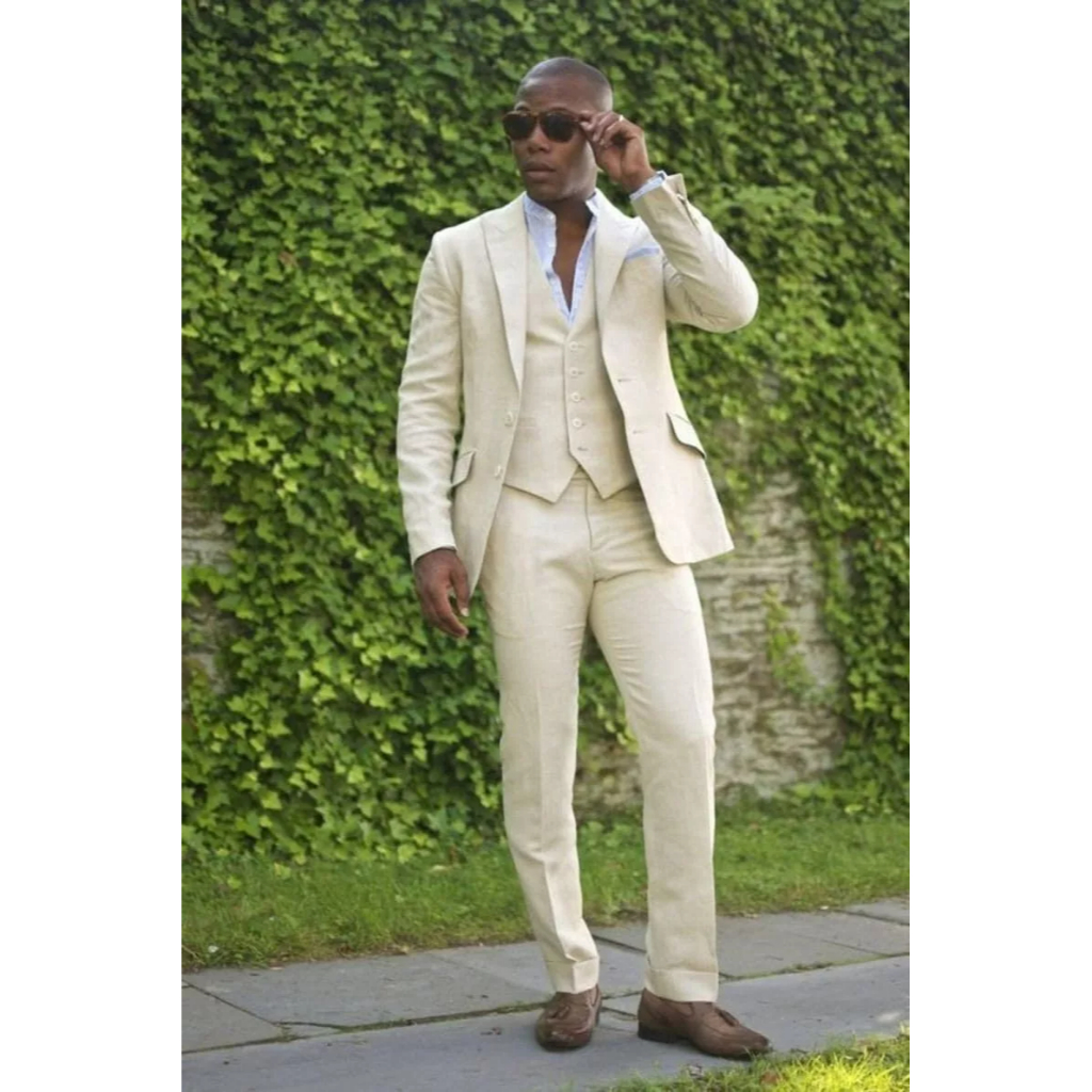 3 Piece Men Ivory Linen Suit Peak Lapel Casual Office Dinner Groom ...