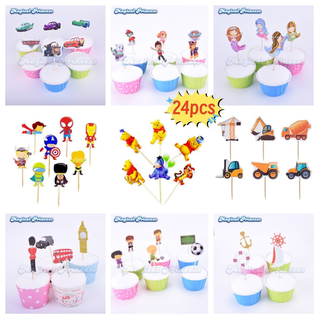 24pcs Cupcake Toppers Cartoon Cake Topper Birthday Party Supplies ...