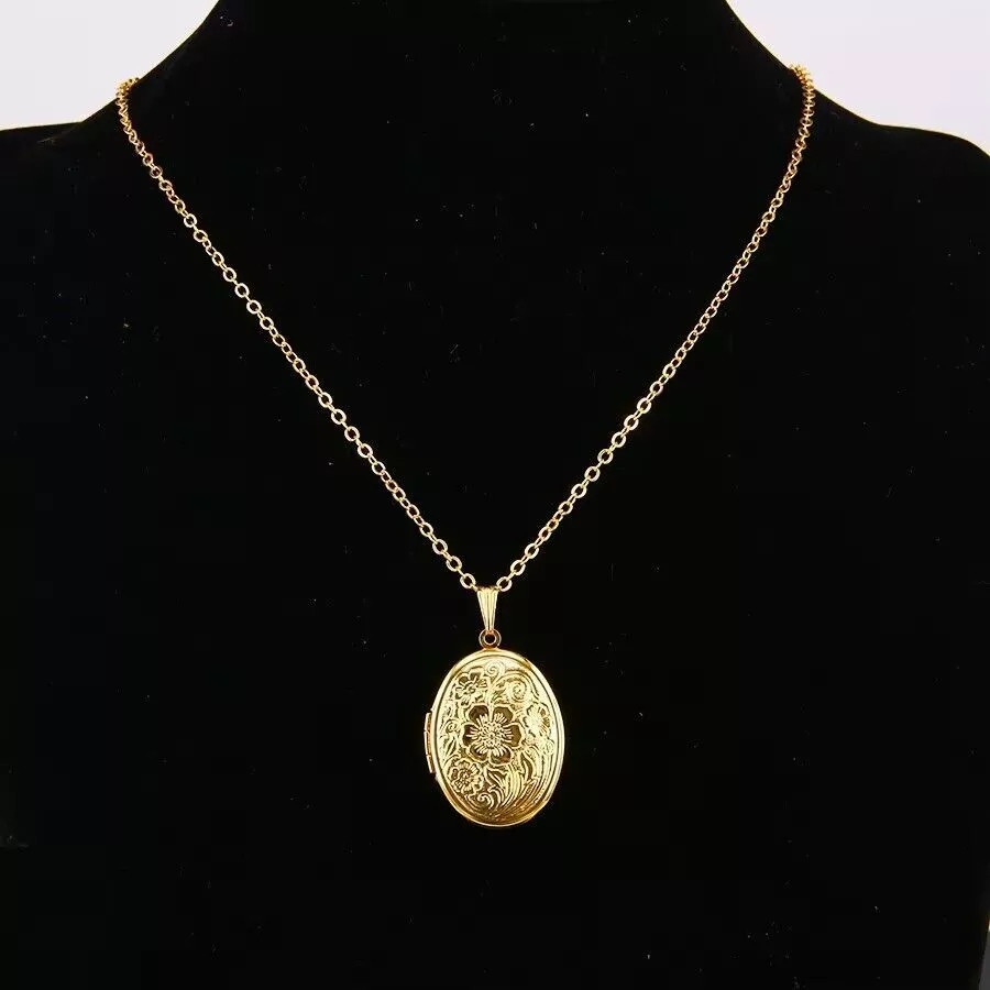 9CT Gold Locket Necklace Pendant and 20'' Chain Floral Engraved Locket ...
