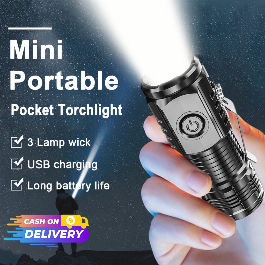 Mini Torchlight rechargeable powerful zoom flashlight led small Lampu ...