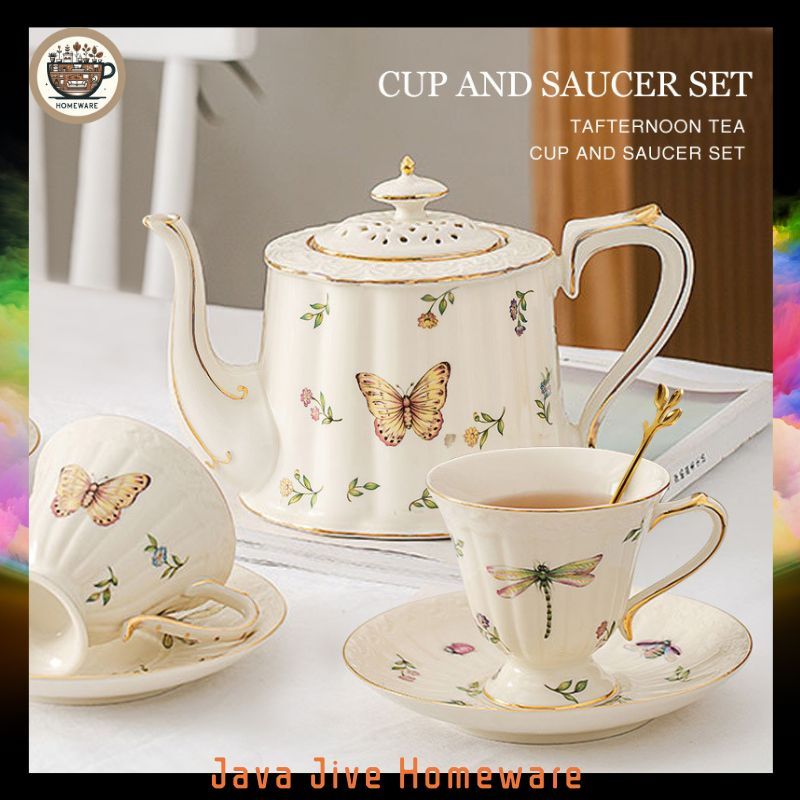 #3001 Set Cawan dan Piring Kopi Gaya Eropah, Cawan Seramik Rama-rama ...