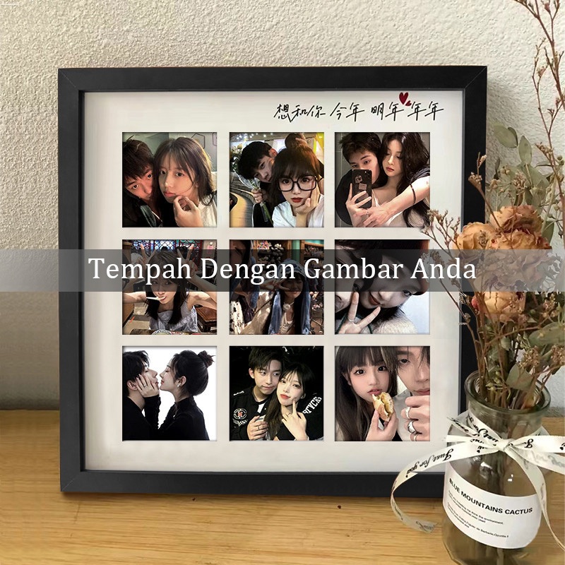 Set Bingkai Grid 9 Kayu Solid - Puzzle Foto Custom untuk Pasangan ...