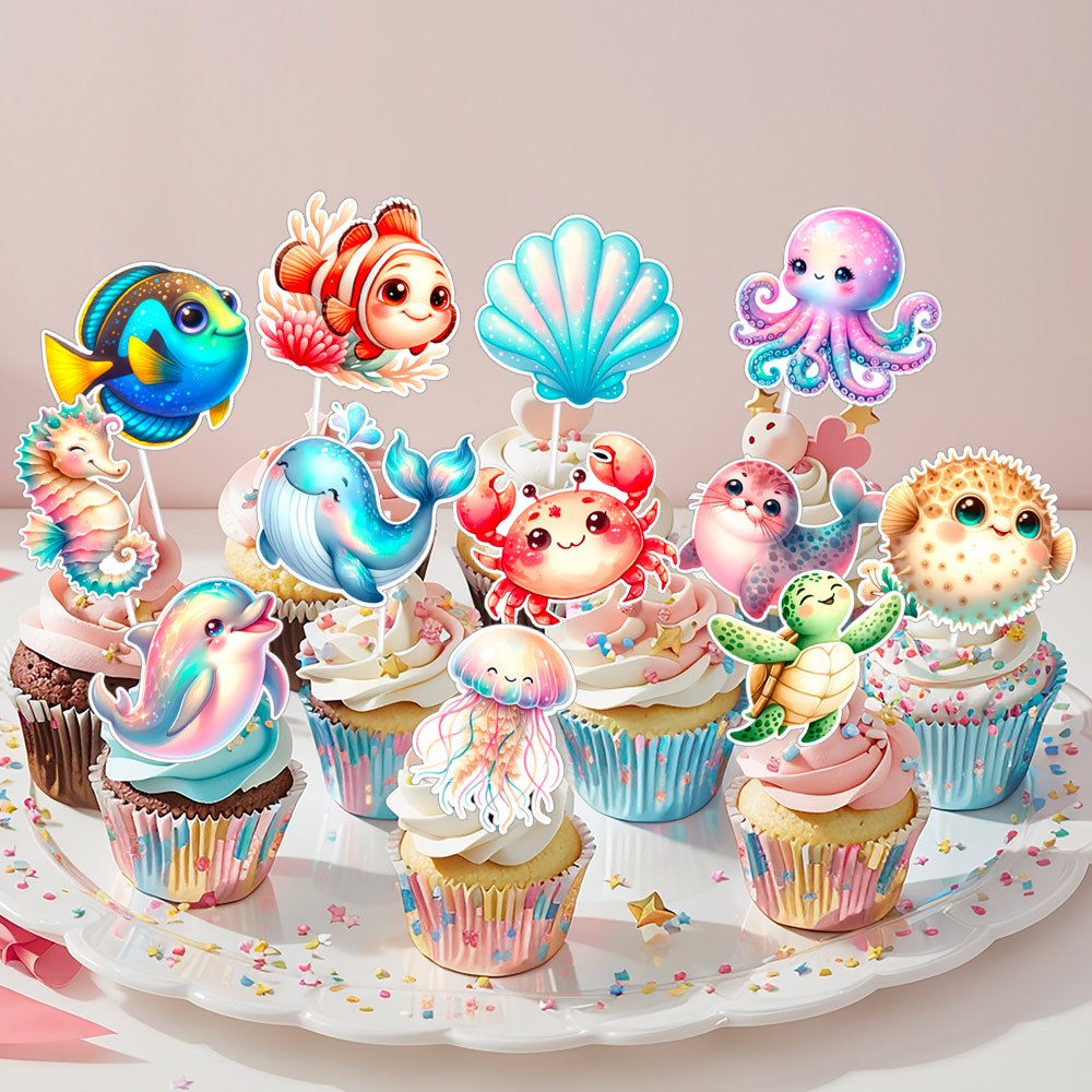 24Pcs, Undersea Animal Cake Topper, Underwater World l Birthday Cupcake ...