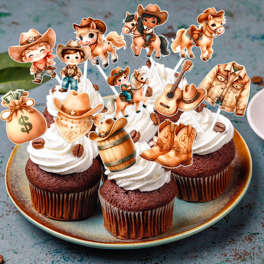 24Pcs, Western Cowboy Cake Topper, Western Birthday Cupcake Topper ...