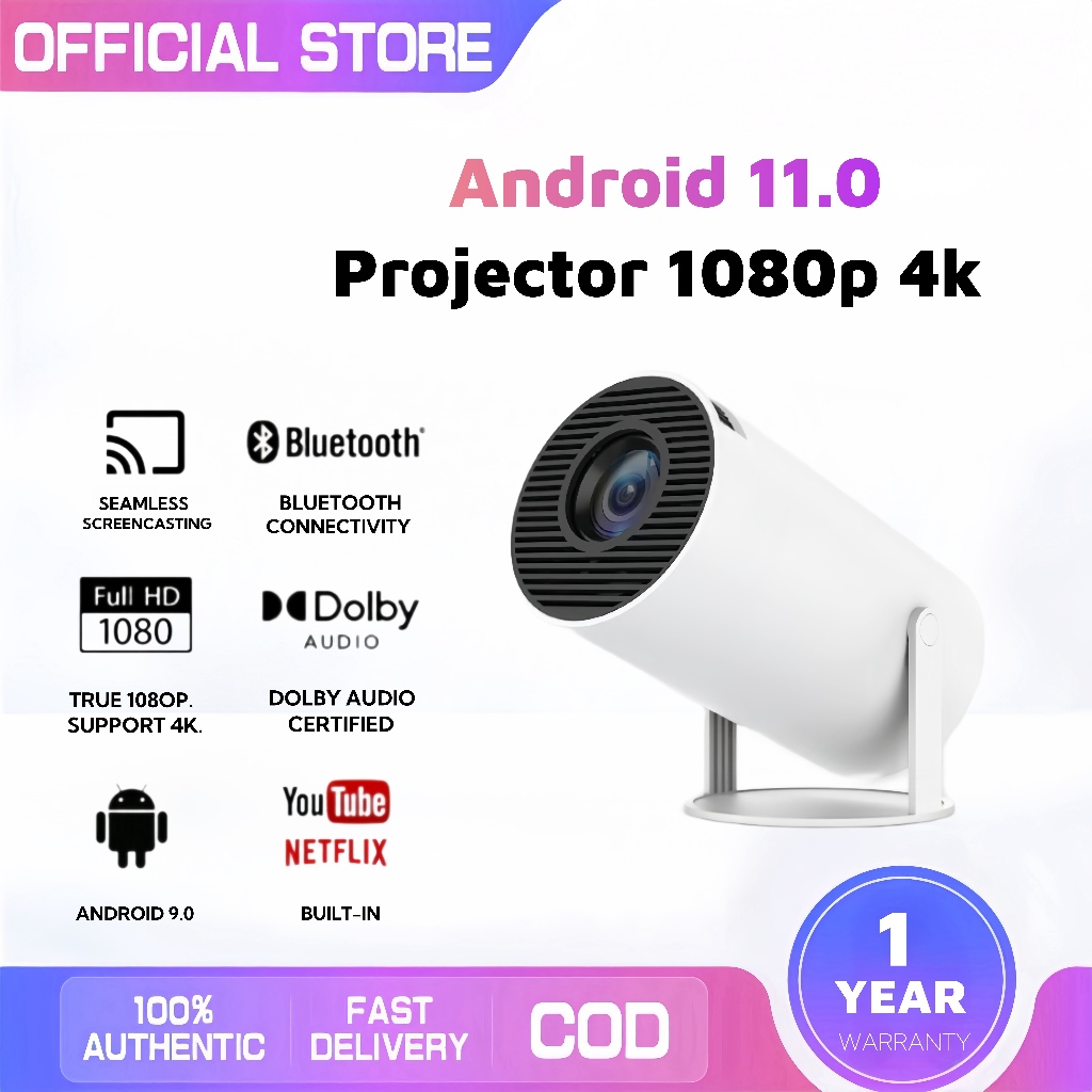 HY300 Portable Projector 4K HD Android 11 Wireless 5G Wifi+Bluetooth 4.2 Smart Mini Projector ...