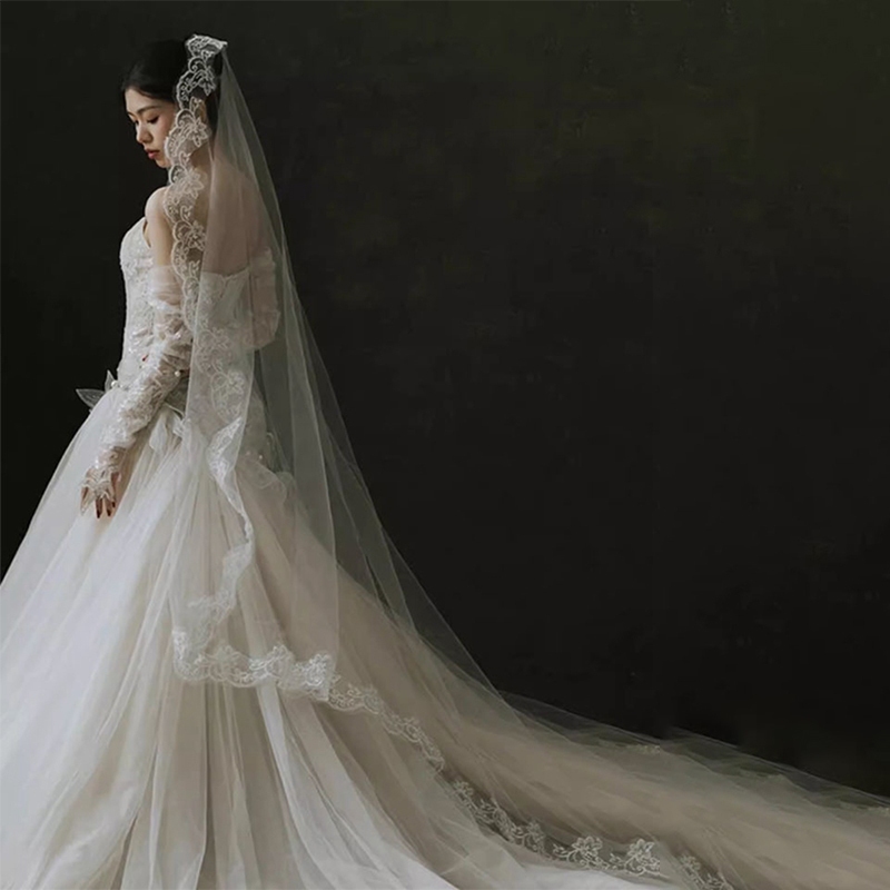 3 meters Bridal Veil White Single layer Lace Mesh Long Veil Wedding ...