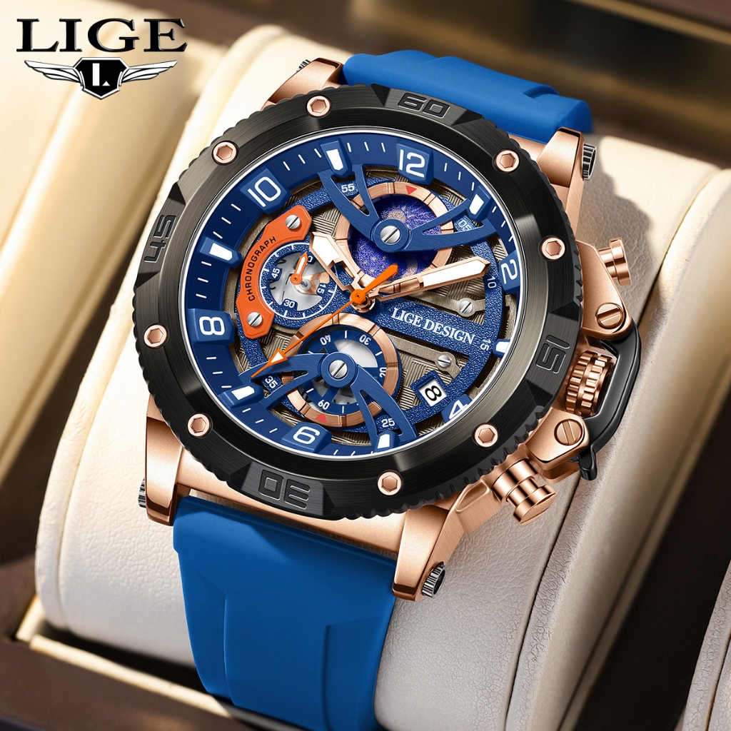 LIGE Men Watch Waterproof Sports Silicone strap Luxury Chronograph ...