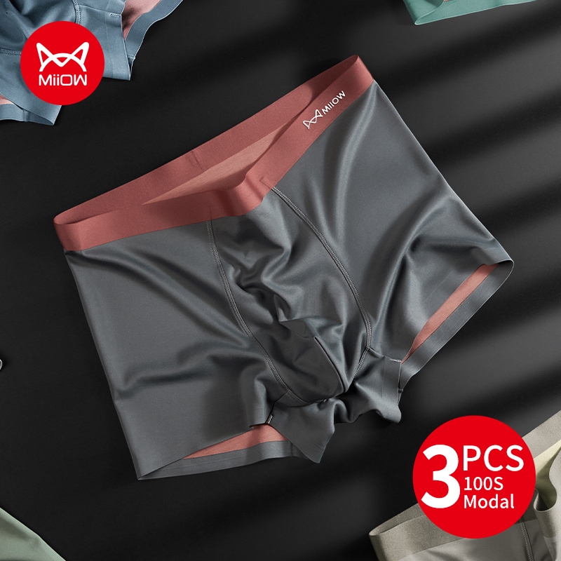 MiiOW 3Pcs Silky Modal Antibacterial Silk Breathable Solid Boxer | Shopee Malaysia