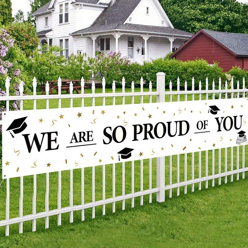 White 'We are So Proud of you' Graduation Banner Graduation Cap Printed ...