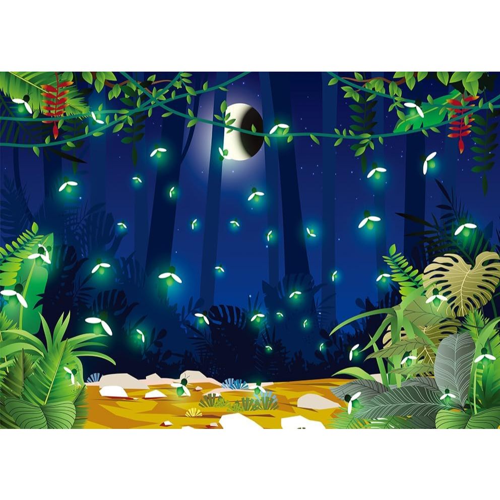 5x3ft Cartoon Backdrop Birthday Party Backdrop Firefly Moon Night Blue ...