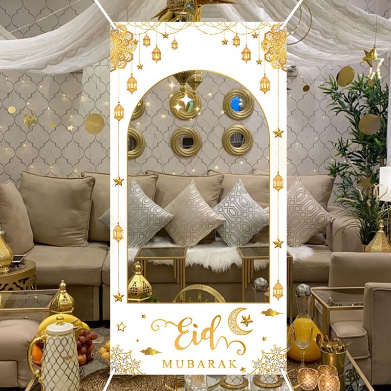 60*120Cm Raya Decoration Eid Mubarak Photo Booth Frame White Gold Vinyl ...
