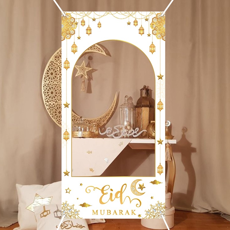 60*120Cm Raya Decoration Eid Mubarak Photo Booth Frame White Gold Vinyl ...