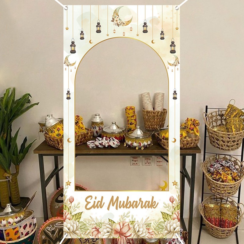 60*120Cm Raya Decoration Eid Mubarak Photo Booth Frame White Gold Vinyl ...