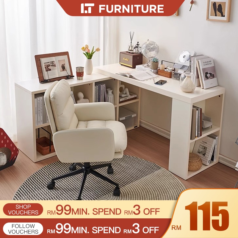 Study Table Meja Belajar L Shape Study Desk with Bookshelf Office Table ...
