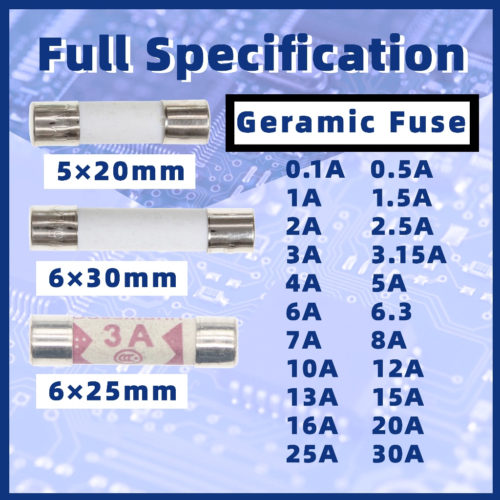 5 * 20mm 6 * 30mm 6 * 25mm 250V Ceramic Fuse Ceramic Tube Fuses BS1362 0.1A 1A 1.5A 2A 2.5A 3A 3 ...