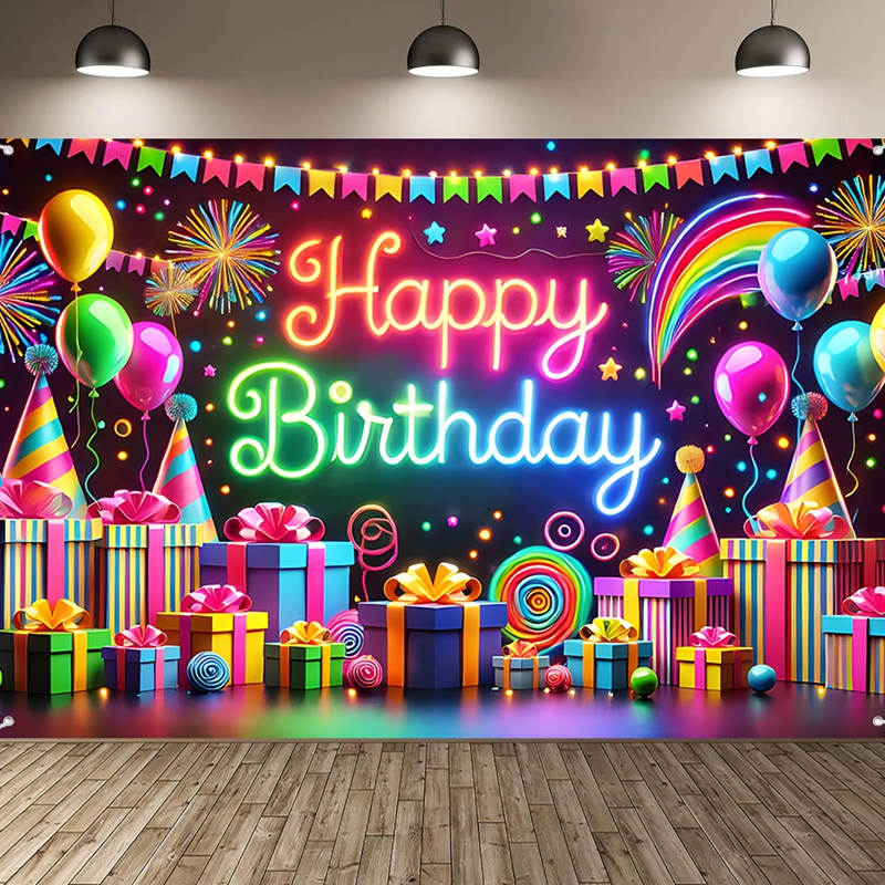 150*100CM Neon Happy Birthday Backdrop Fluorescence Gift Box Design Polyester Birthday Banner ...