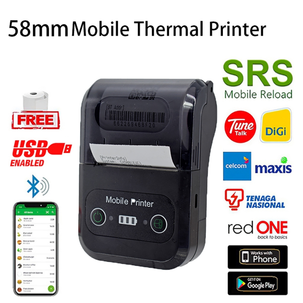58mm Mobile Printer USB Bluetooth Inkless Rechargerable Mini Thermal Printer For PC POS | Shopee ...