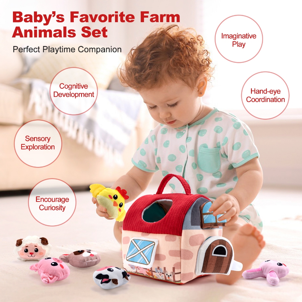 Farm Animal Baby Toys 6-12 Months, Soft Farm House with 6 Plush Stuffed ...