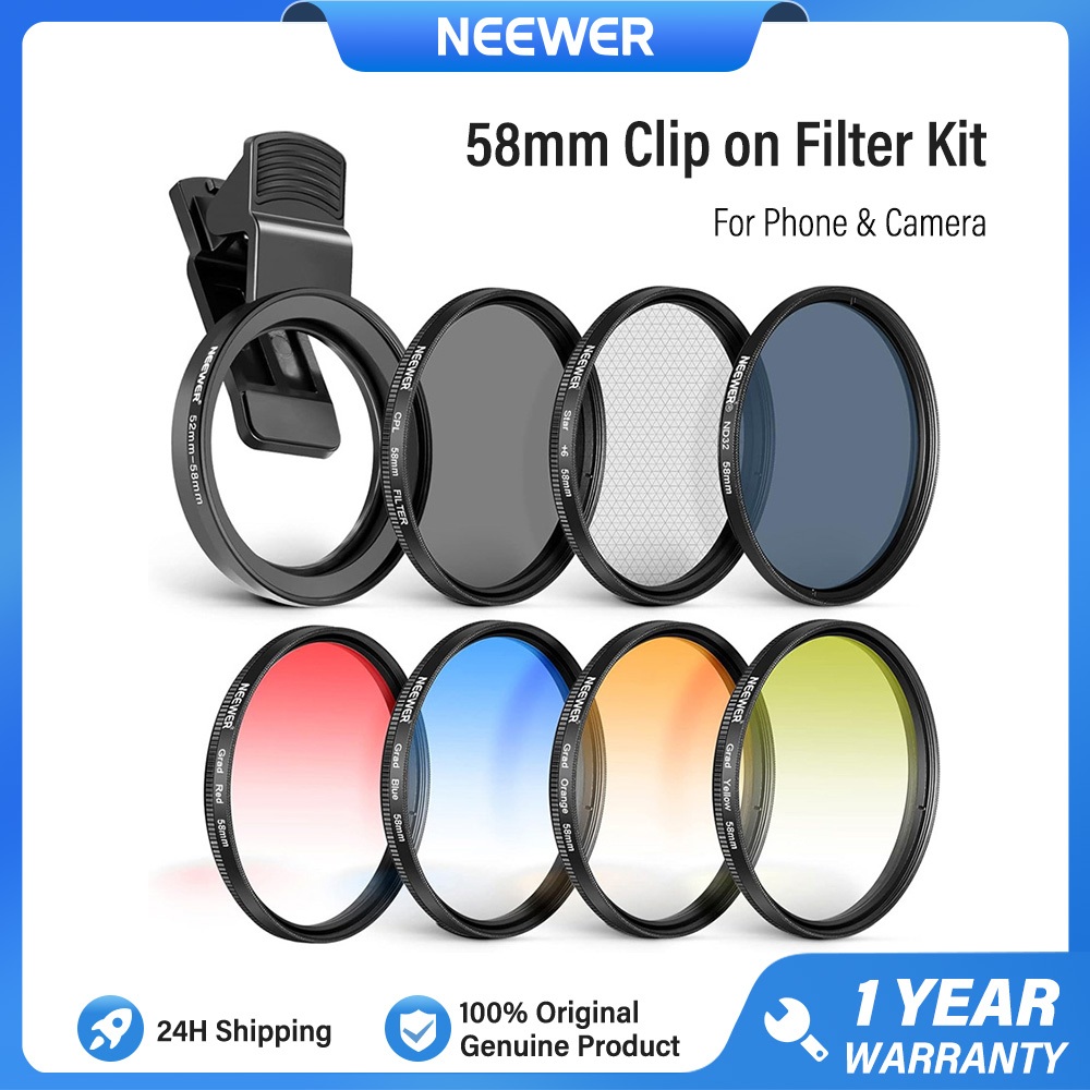 NEEWER Lens Filter Kit With Phone Lens Clip - 4 Colours (58mm) CPL/ND32 ...